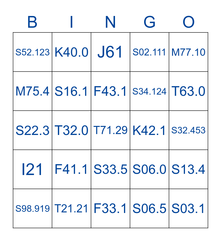 ICD Bingo Card