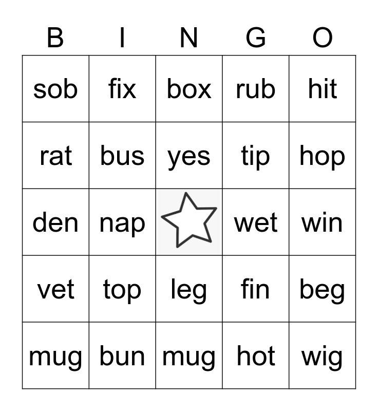 Short Vowels (a,e,i,o,u) Bingo Card