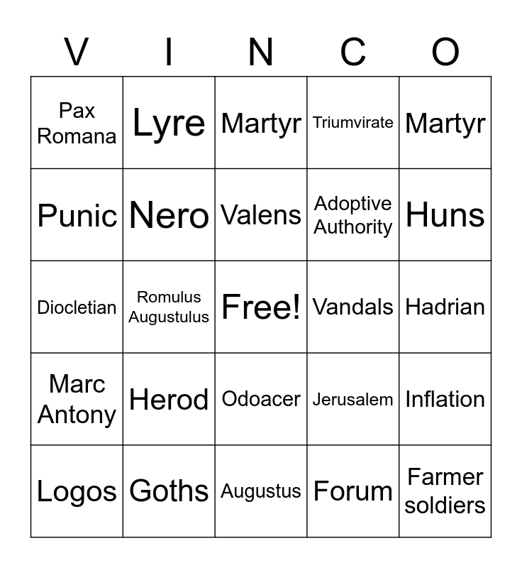 VINCO Bingo Card