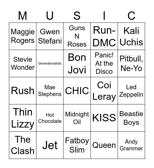 Music Bingo #61 Bingo Card