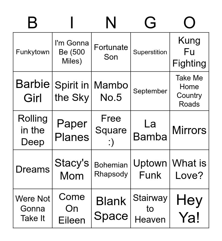 PSA Week Music Bingo Card