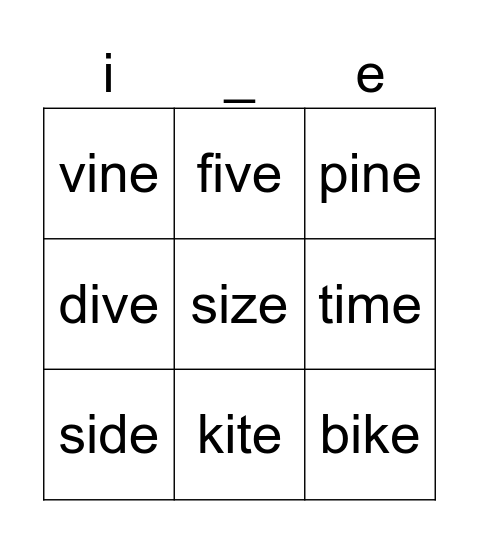 Long I Bingo Card
