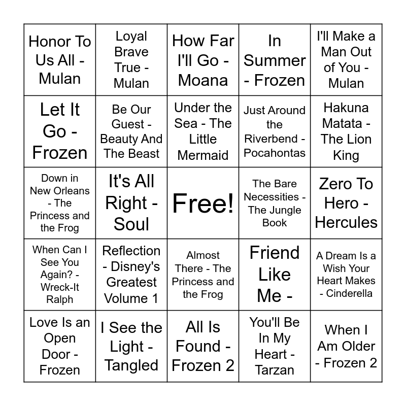 Polar Bear Entertainment's Disney Music Bingo Card