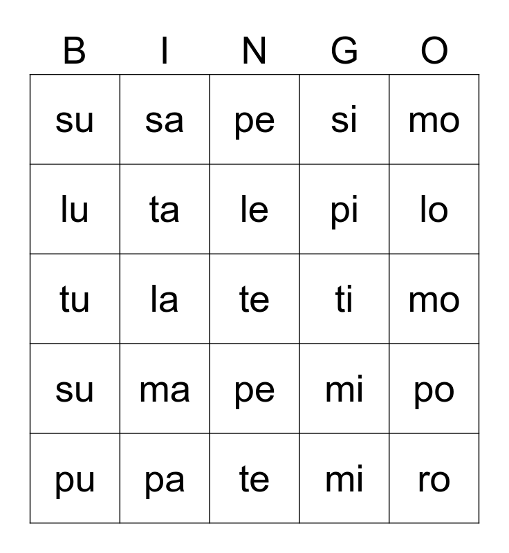 Bingo de silabas Bingo Card