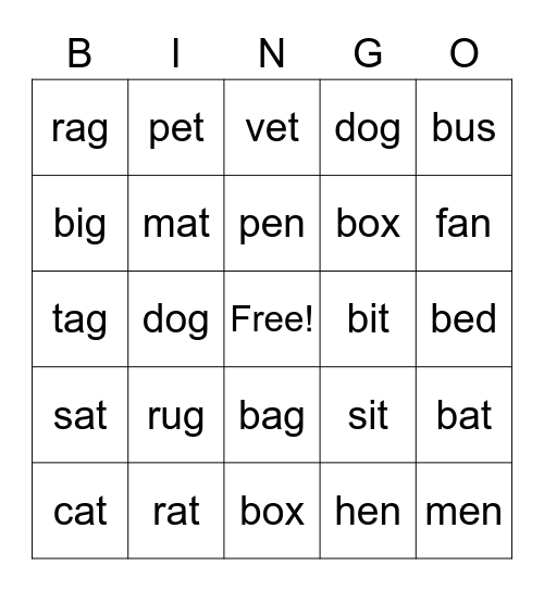 CVC Words Bingo Card