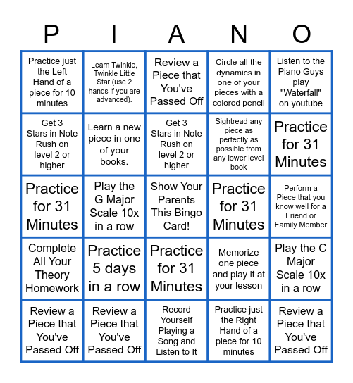 2023 Piano Practice Summer Bingo! Bingo Card
