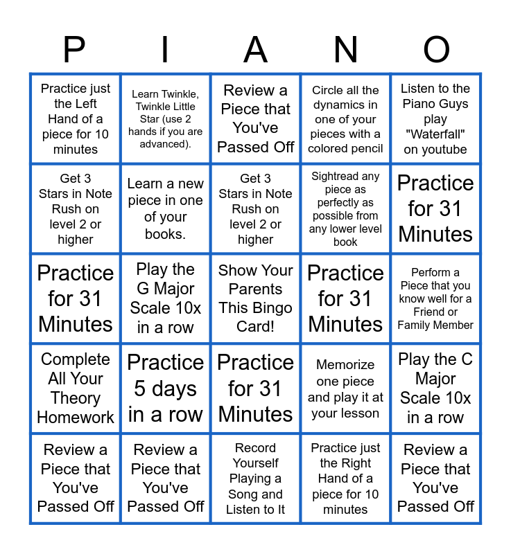 2023 Piano Practice Summer Bingo! Bingo Card