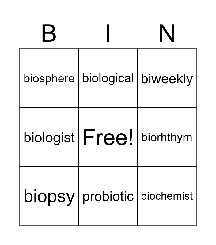 Root Word Bio Bingo Card Root Word Bio Bingo Card