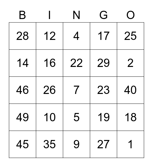 Les nombres 1 à 50 Bingo Card