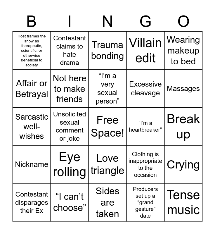 Netflix Reality Show Bingo Card