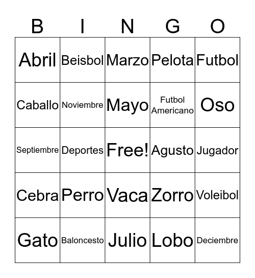 My New Spanish Words! Bingo Card