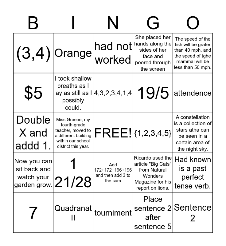 Fifth Grade Common Assessment Practice Bingo Card