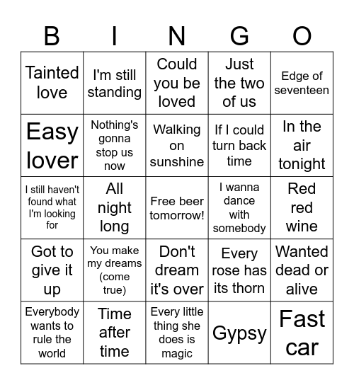 All Out 80's Bingo Card