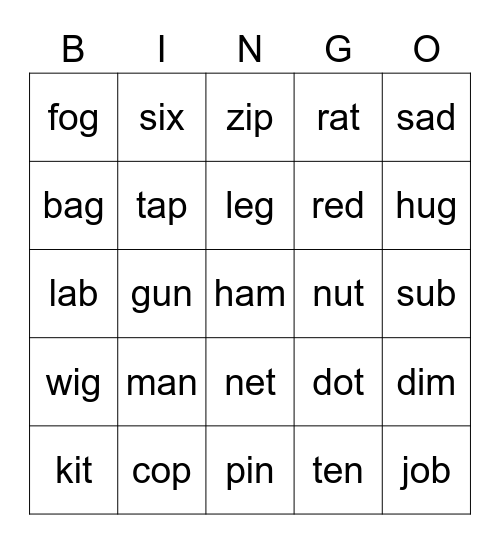 CVC Words Bingo Card