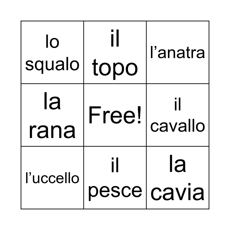 Gli animali Bingo Card