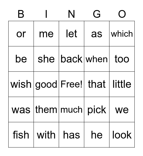 Kindergarten HFW Bingo Card