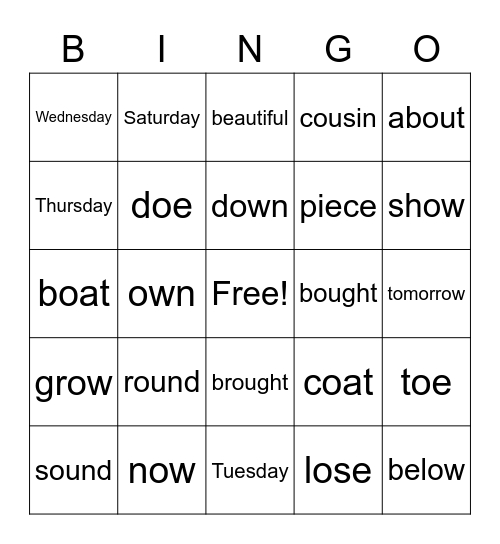 2nd Grade HFW Bingo Card