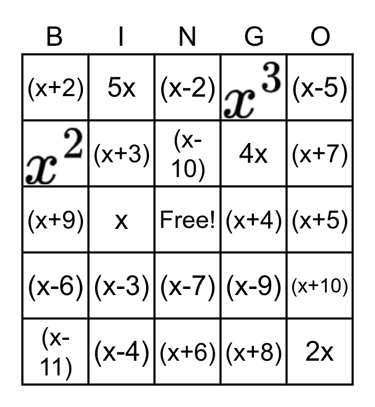 Factoring Bingo Card