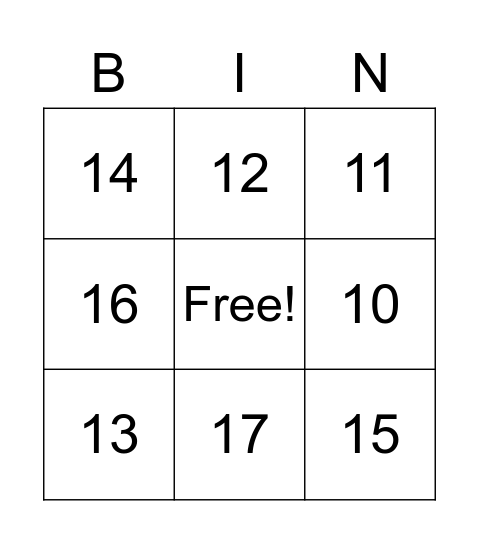 Numbers Bingo Card
