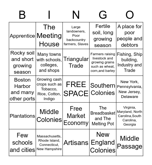 Colonial America Bingo Card