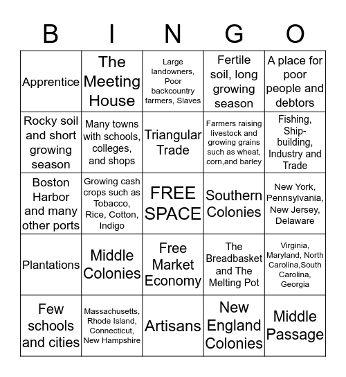 Colonial America Bingo Card