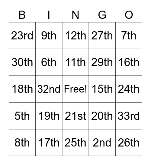 Ordinal Numbers Bingo Card