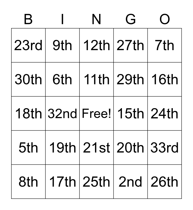 Ordinal Numbers Bingo Card