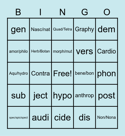 Roots/Prefixes/Suffixes Bingo Card
