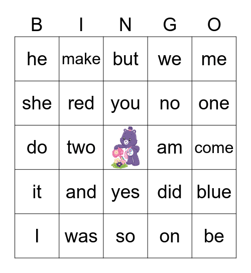Sight Words Bingo Card