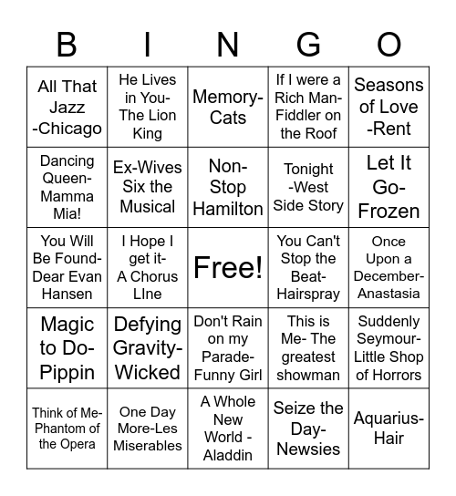 Musical Theatre Bingo Card