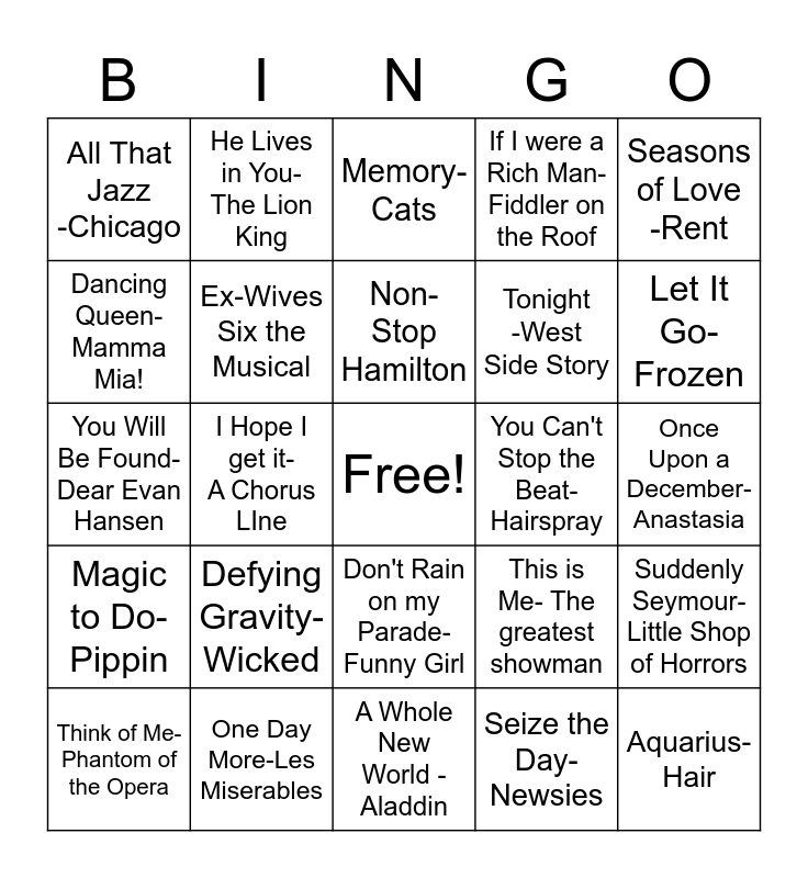 Musical Theatre Bingo Card