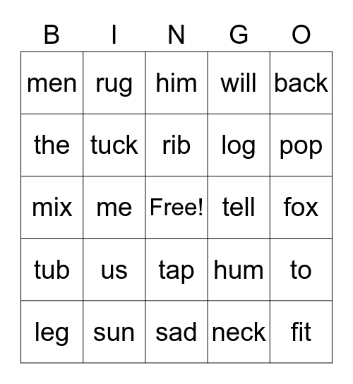 Short Vowel Words Bingo Card