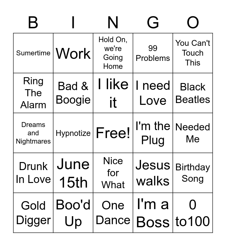 Hip Hop & Pop R&B Mix Up Bingo Card