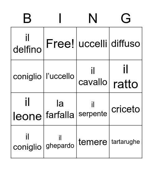 Gli animali Bingo Card