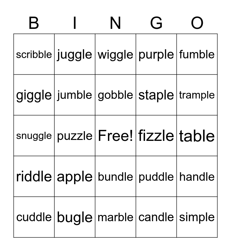 -consonant+le Bingo Card