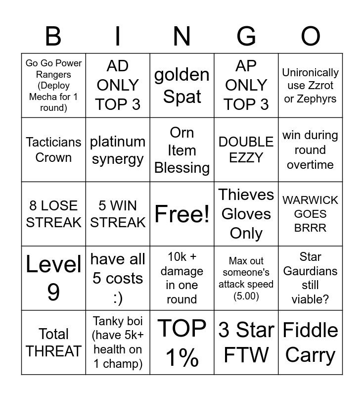 TFT SET 8.5 Bingo Card