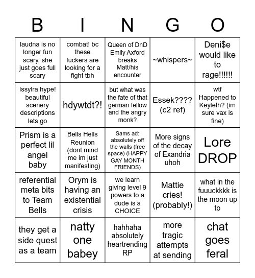 c3e60: Issylra here we come! time to get weird Bingo Card