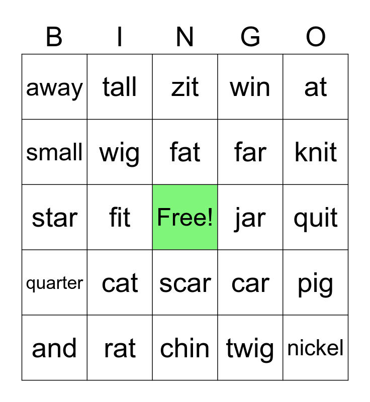 Word Families Bingo Card