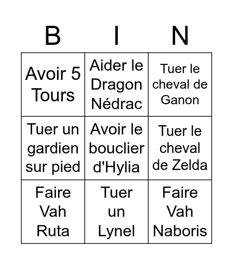 Bingo de Zelda Breath of The Wild Bingo Card