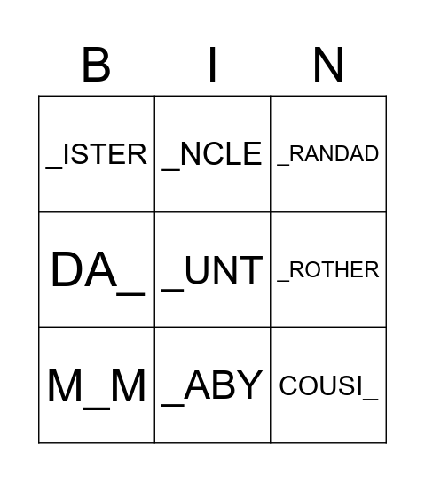 FAMILY BINGO (Word Missing) Bingo Card