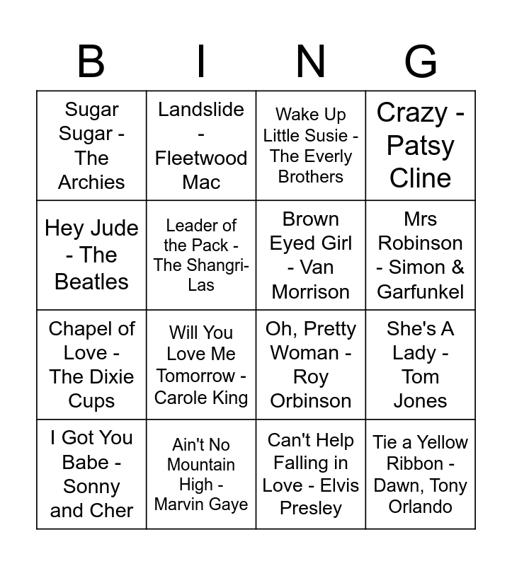 Helaine's 70th - Bingo - 60's + 70's Bingo Card