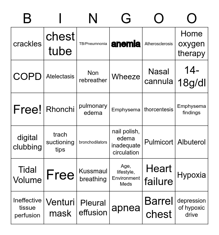 Chapter 39 Oxygenation Bingo Card