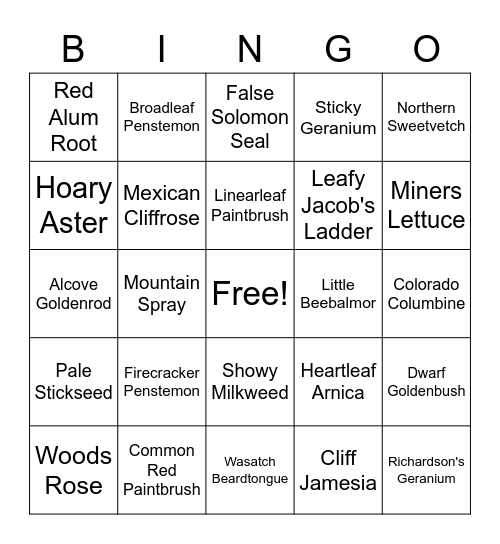 Wildflower Bingo Card