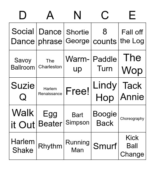 Dance Bingo Card