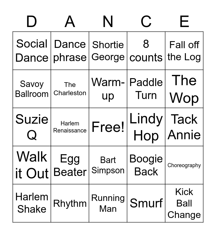 Dance Bingo Card
