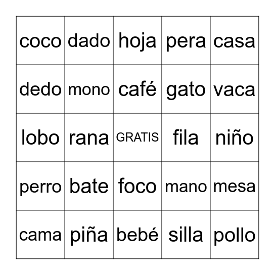 Lotería de palabras Bingo Card