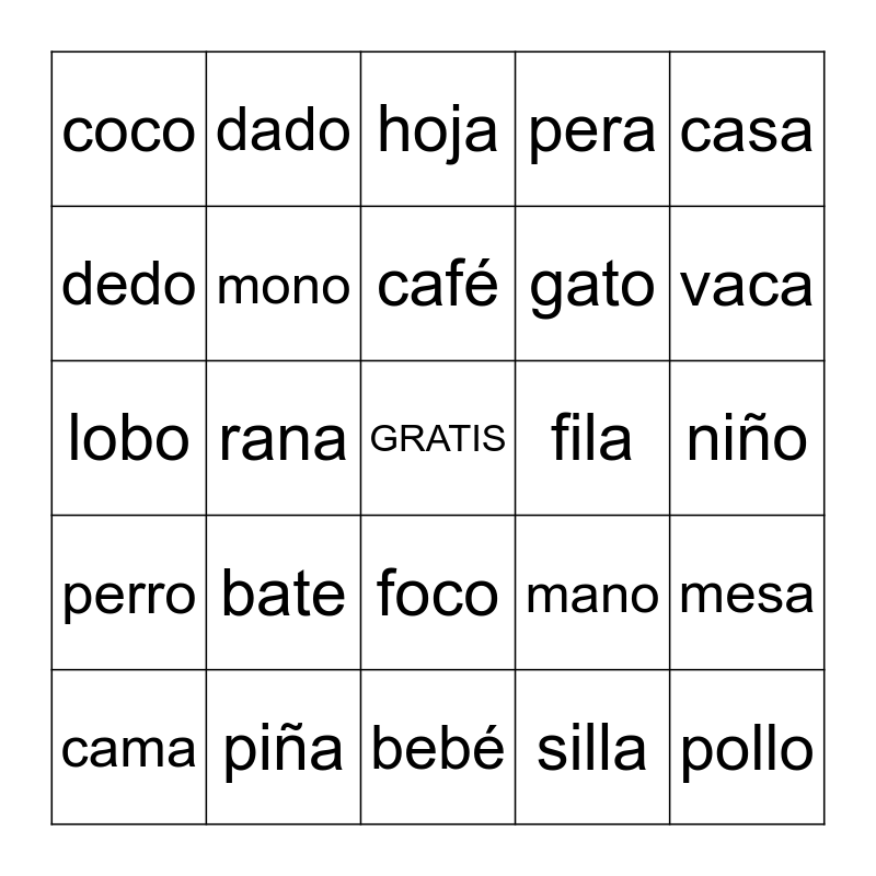 Lotería de palabras Bingo Card