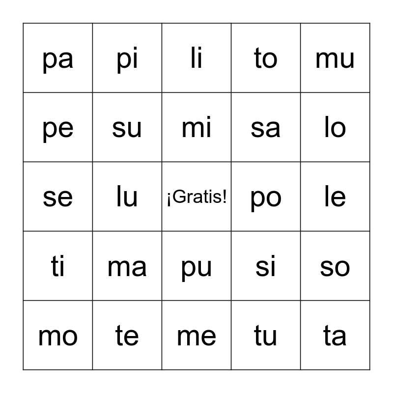 Lotería de sílabas 1 Bingo Card