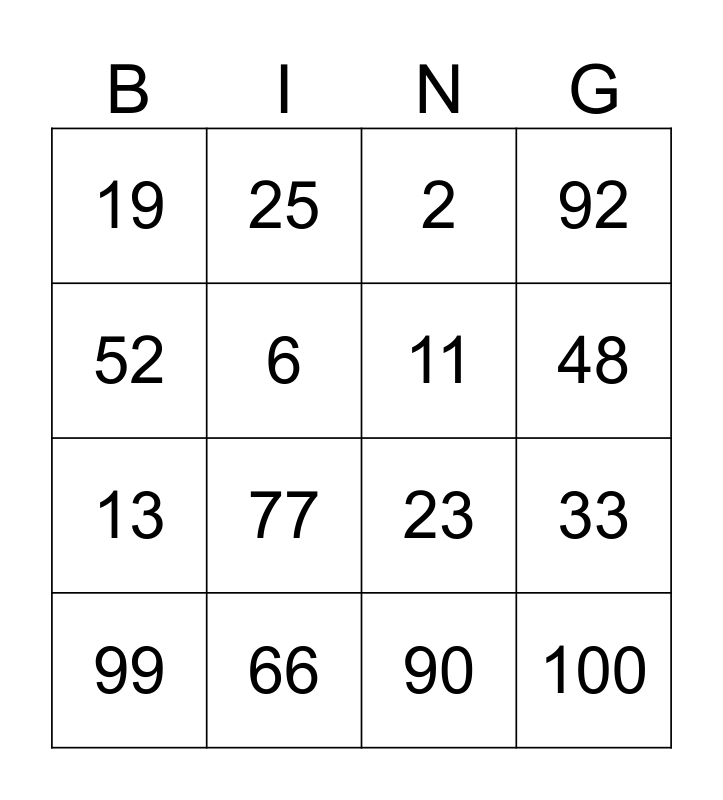 100 Bingo Card