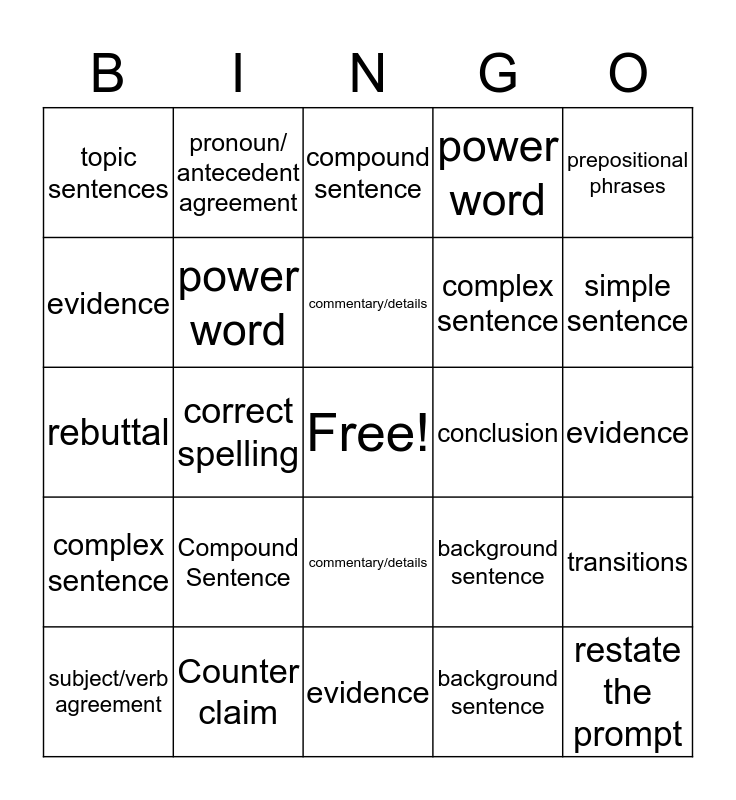 Essay Bingo Card